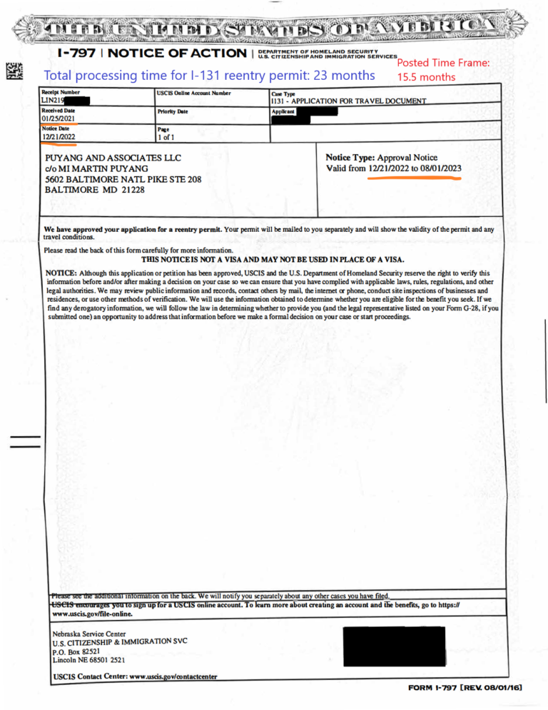 I-131 Re-Entry Permit Processing Times - Puyang & Wu, LLC
